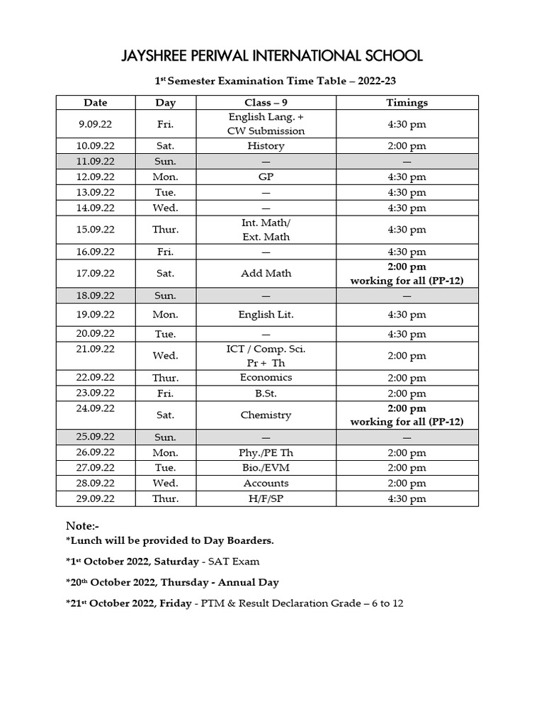 Grade - 9 - 1st Sem Time Table - 2022 - 23 | PDF