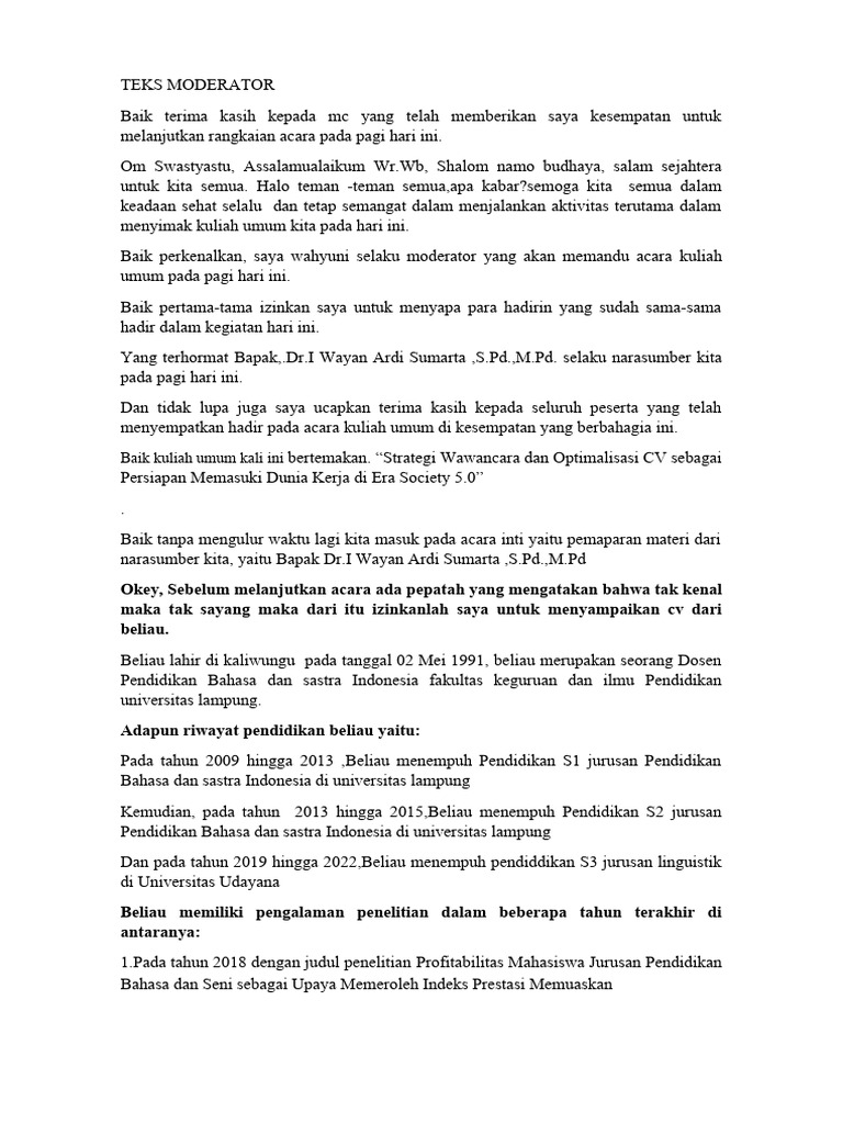 Teks Moderator Kuliah Umum 2024 | PDF