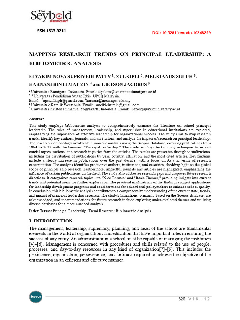 MAPPING RESEARCH TRENDS ON PRINCIPAL LEADERSHIP: A BIBLIOMETRIC ANALYSIS | PDF | Metadata ...