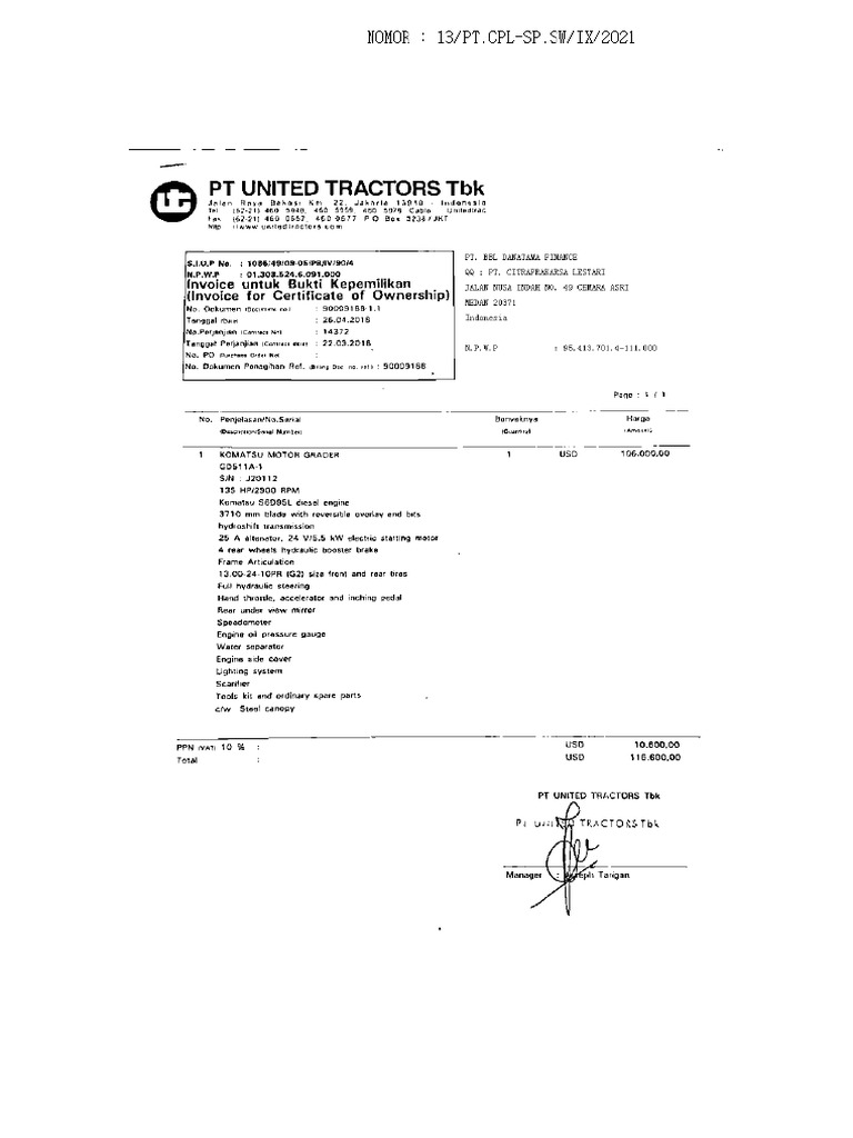 2018 Invoice Pembelian Motor Grader Komatsu Gd511-A - (Kirim) | PDF
