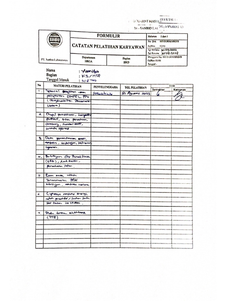 Catatan Pelatihan Karyawan Training Karyawan Baru HSE 21-31 Agustus 2023 | PDF