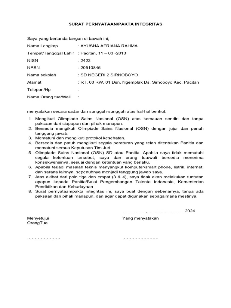 Pakta Integritas OSN SD 2024 | PDF | Ilmu Sosial | Kesehatan Holistik