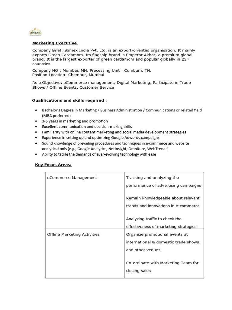 JD - Marketing Executive | PDF | Digital Marketing | E Commerce