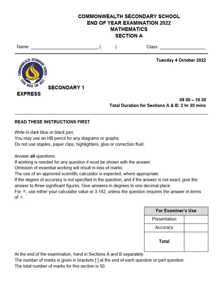 CWSS 2022 1E EOY P1 Student Answer | PDF | Teaching Methods & Materials