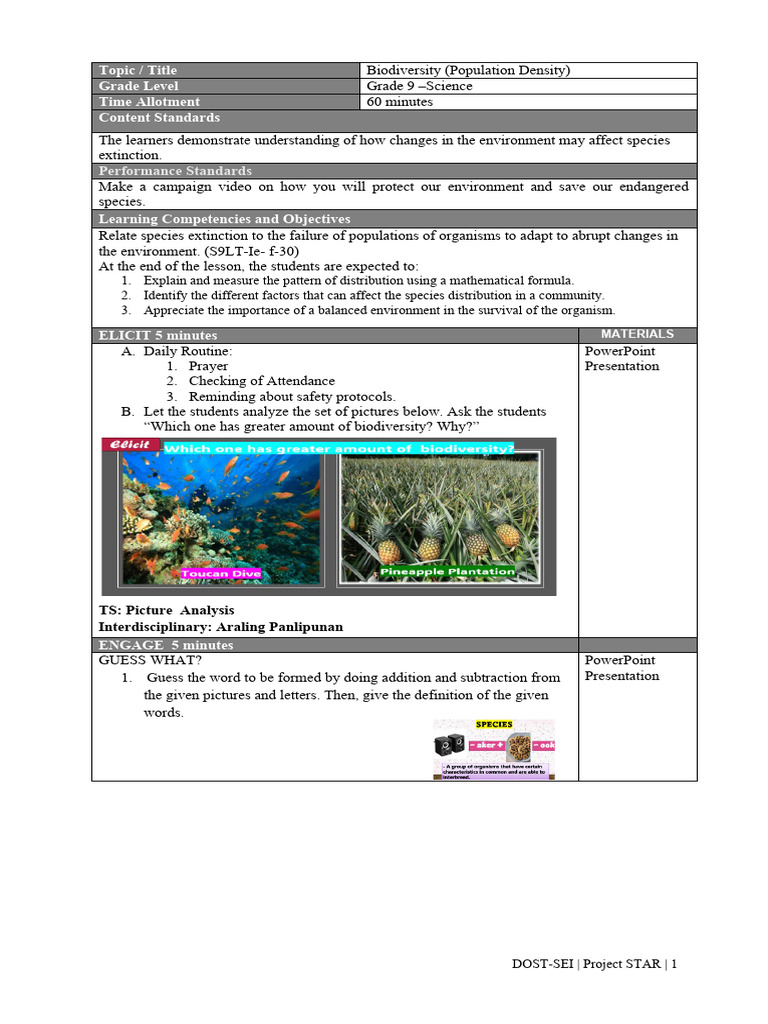 Lesson Exemplar Biodiversity Pdf Learning Density
