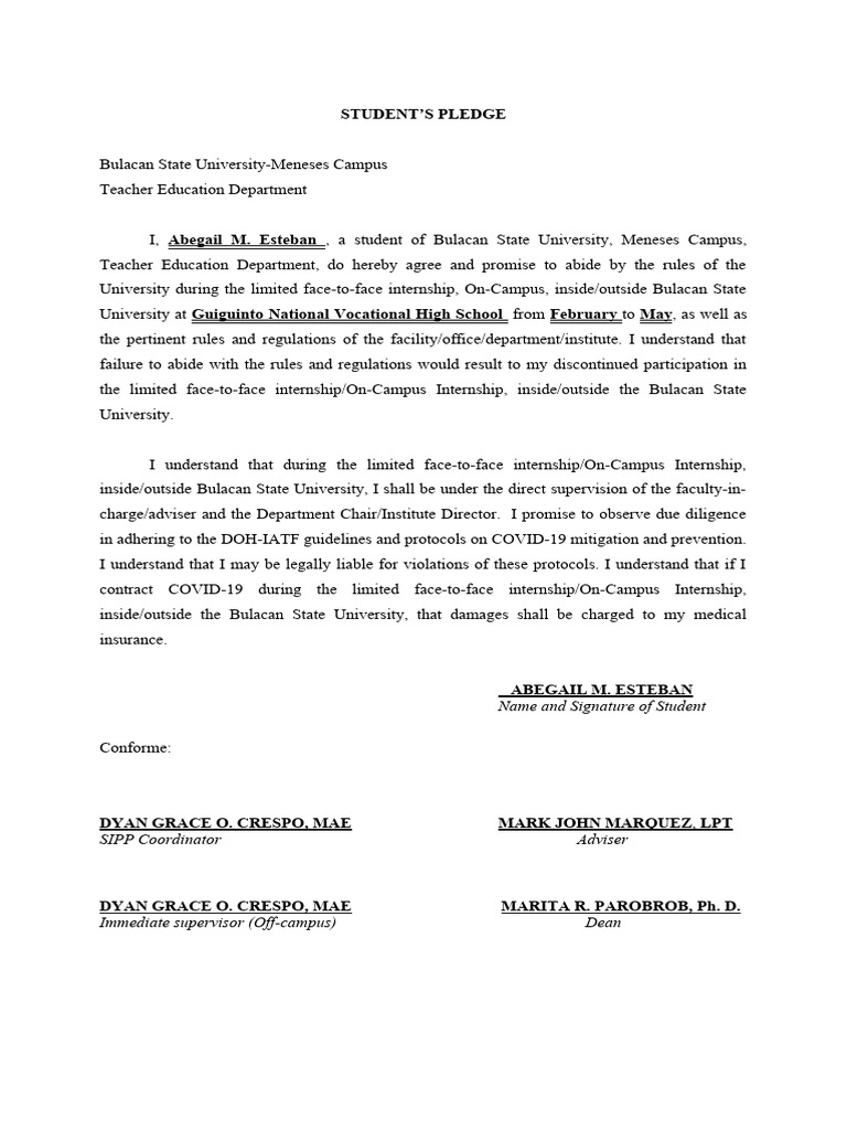 Student Internship Pledge Agreement | PDF | Lifestyle