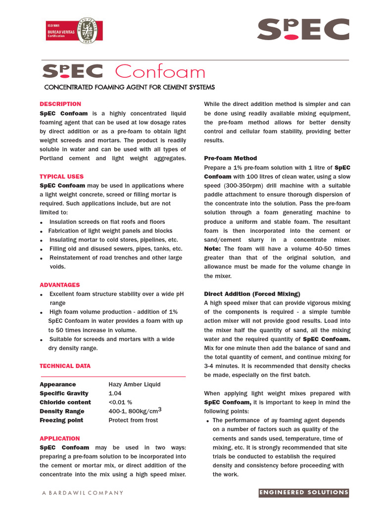 SpEC Confoam: Lightweight Foaming Agent | PDF | Foam | Cement