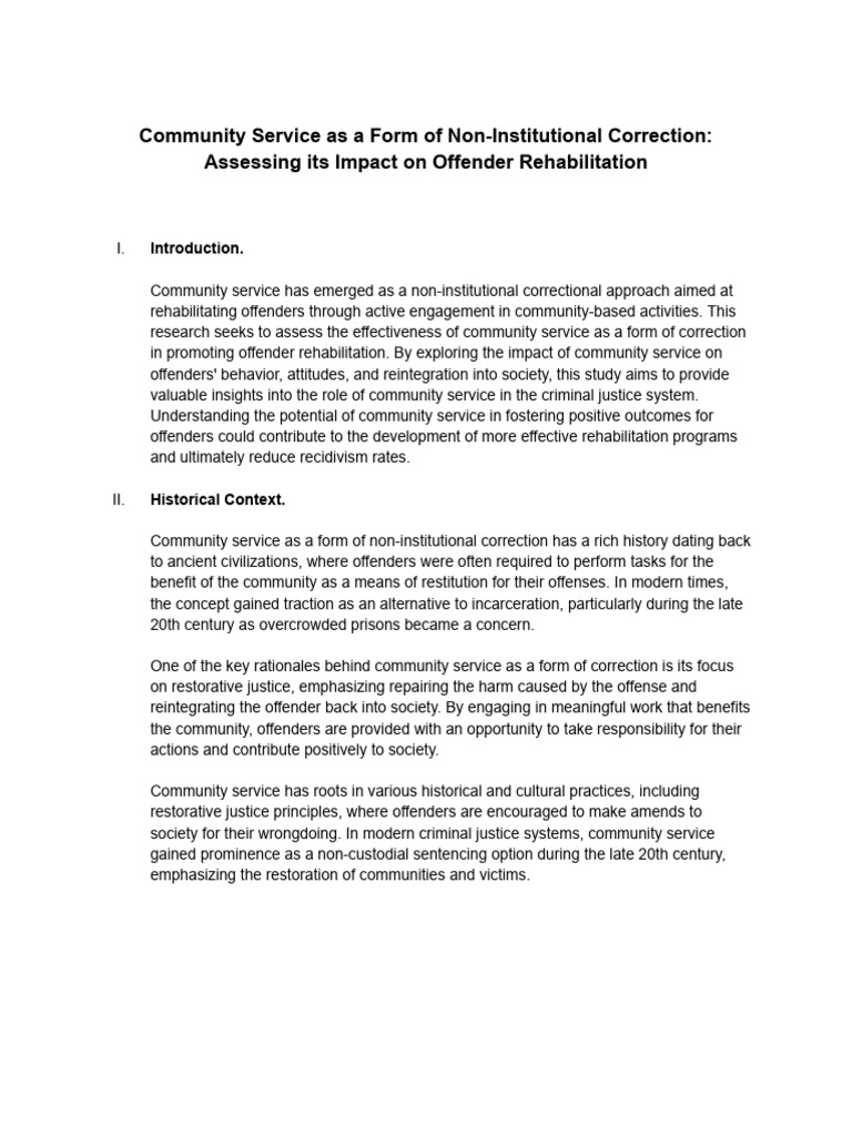 Community Service As A Form of Non Institutional Correction Assessing Its Impact On Offender ...