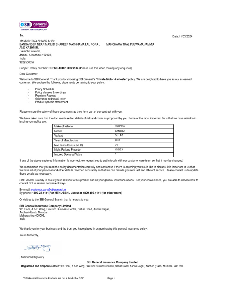Pop M Car 00100629134 | PDF | Indemnity | Insurance