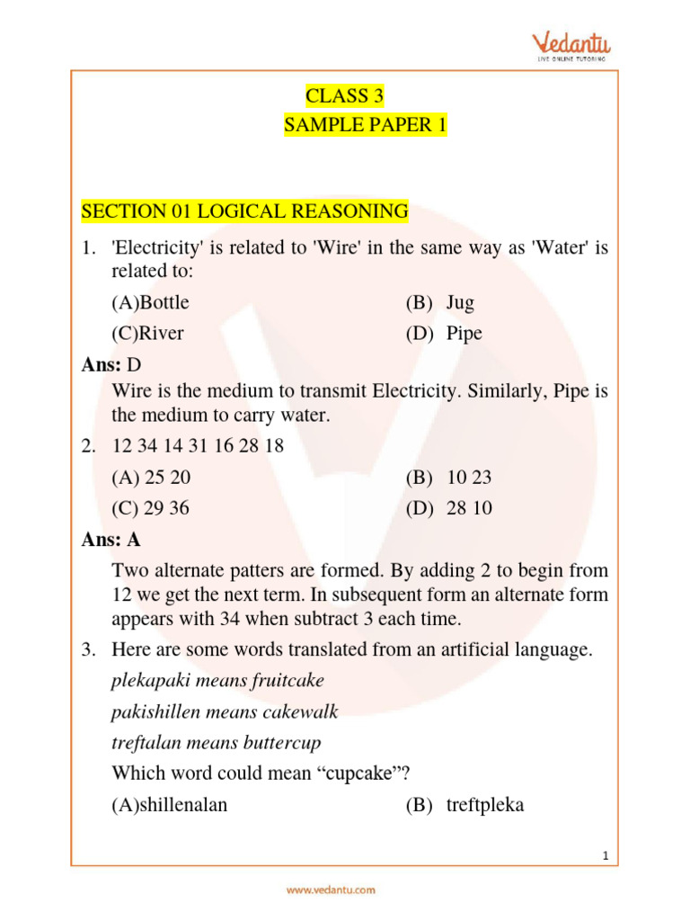 NSO Sample Question Paper 1 For Class 3 - Download Free PDF With ...