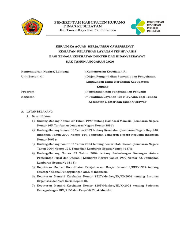 TOR Pelatihan Layanan Tes HIV Bagi Tenaga Medis Dan Paramedis | PDF