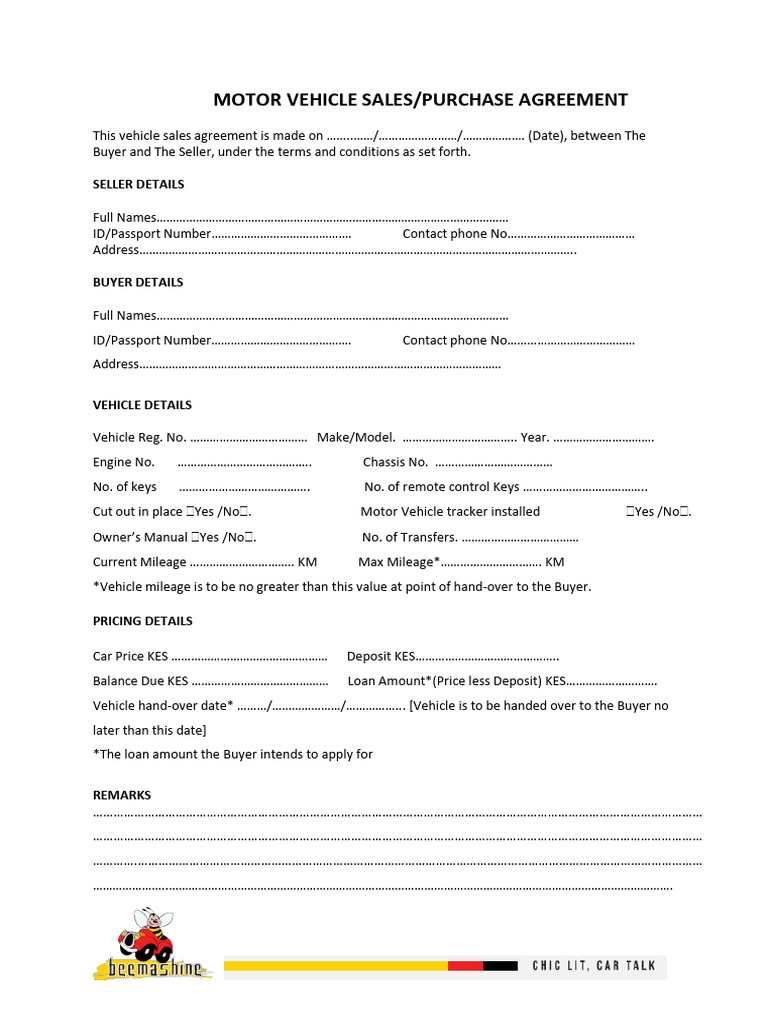 Motor Vehicle Sale Agreement Kenya Sample 00 | PDF | Fuel Economy In ...