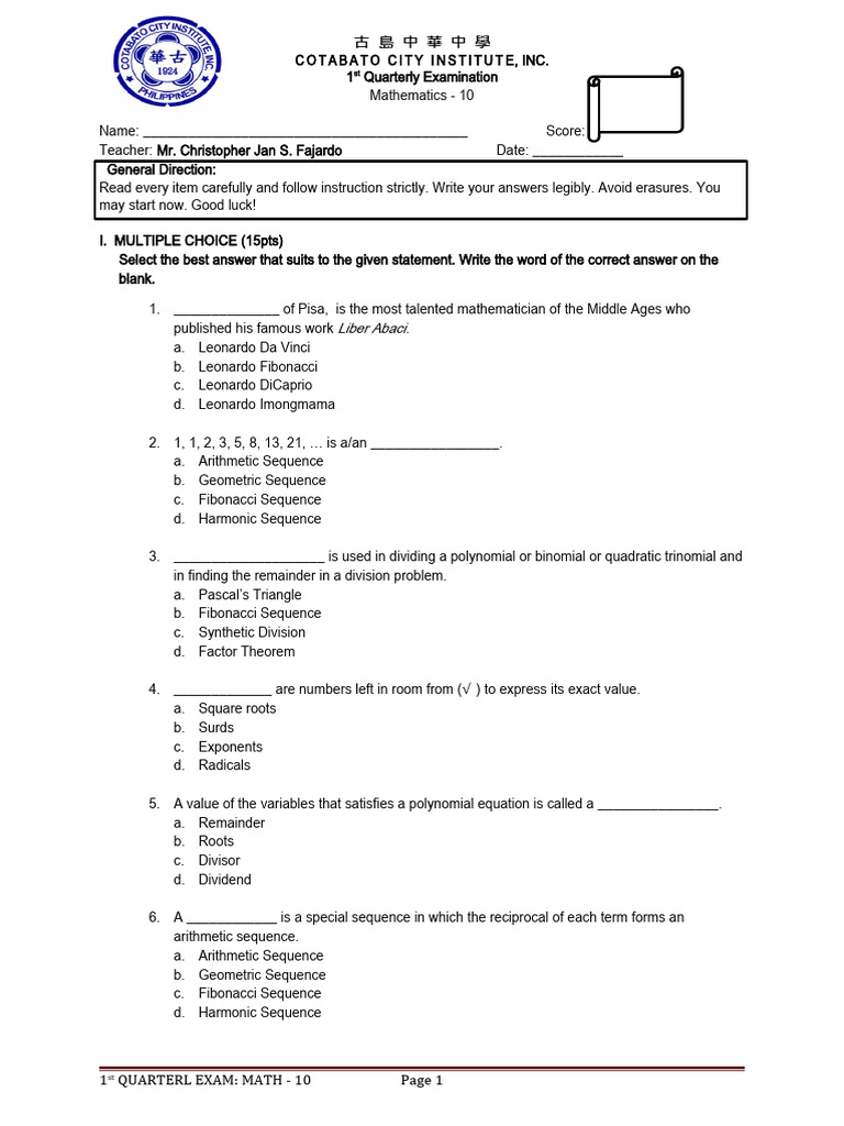 1st Quarter Math10 | PDF | Factorization | Polynomial