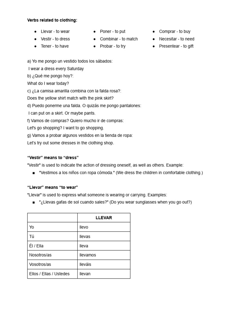 Verbos en español sobre ropa | PDF | Artes del Lenguaje y Comunicación ...