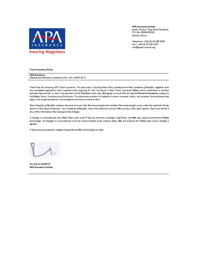 APA Kenya - Travel Policy Wording 2022 | PDF | Indemnity | Insurance