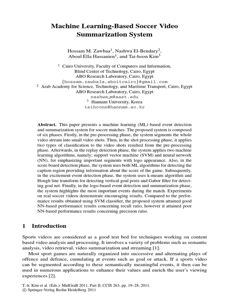 MachineLearning BasedSoccerVideoSummarizationSystem | PDF | Artificial Neural Network | Support ...