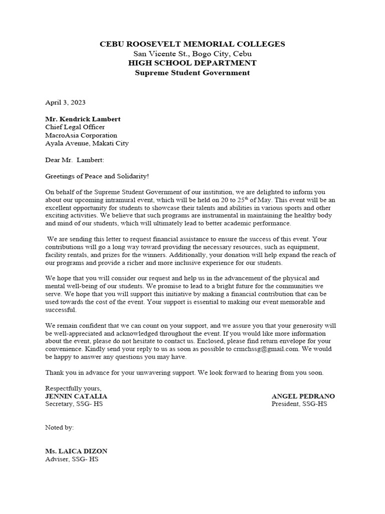 CATALIA. Solicitation Letter - Activity.2 | PDF | Sports & Recreation ...