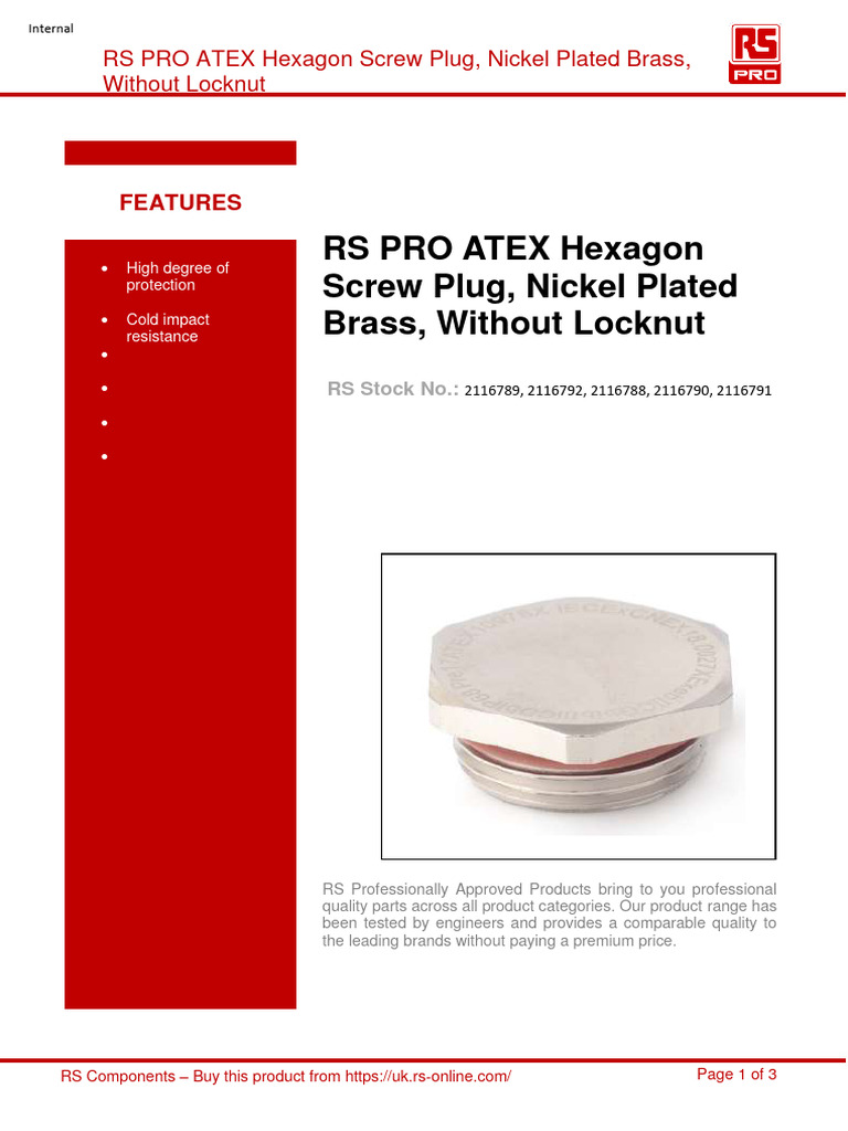 Rs Pro ATEX Hexagon Screw Plug, Nickel Plated Brass, Without Locknut ...