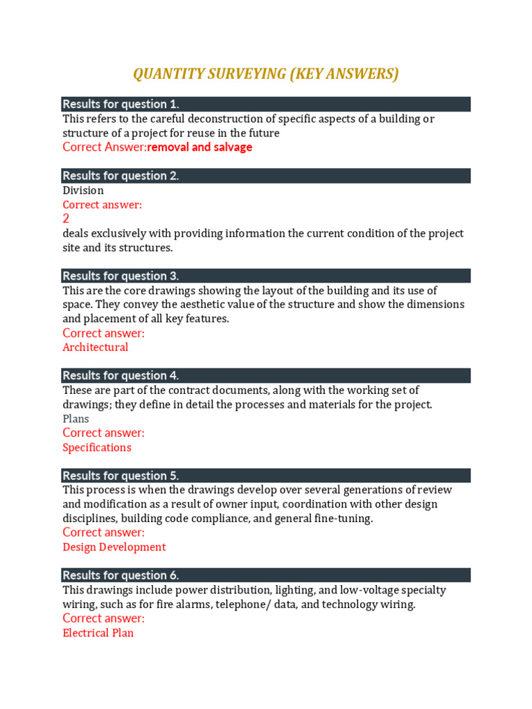 Quantity Surveying Quiz 1 Key Answers | PDF | Specification (Technical Standard) | Engineering