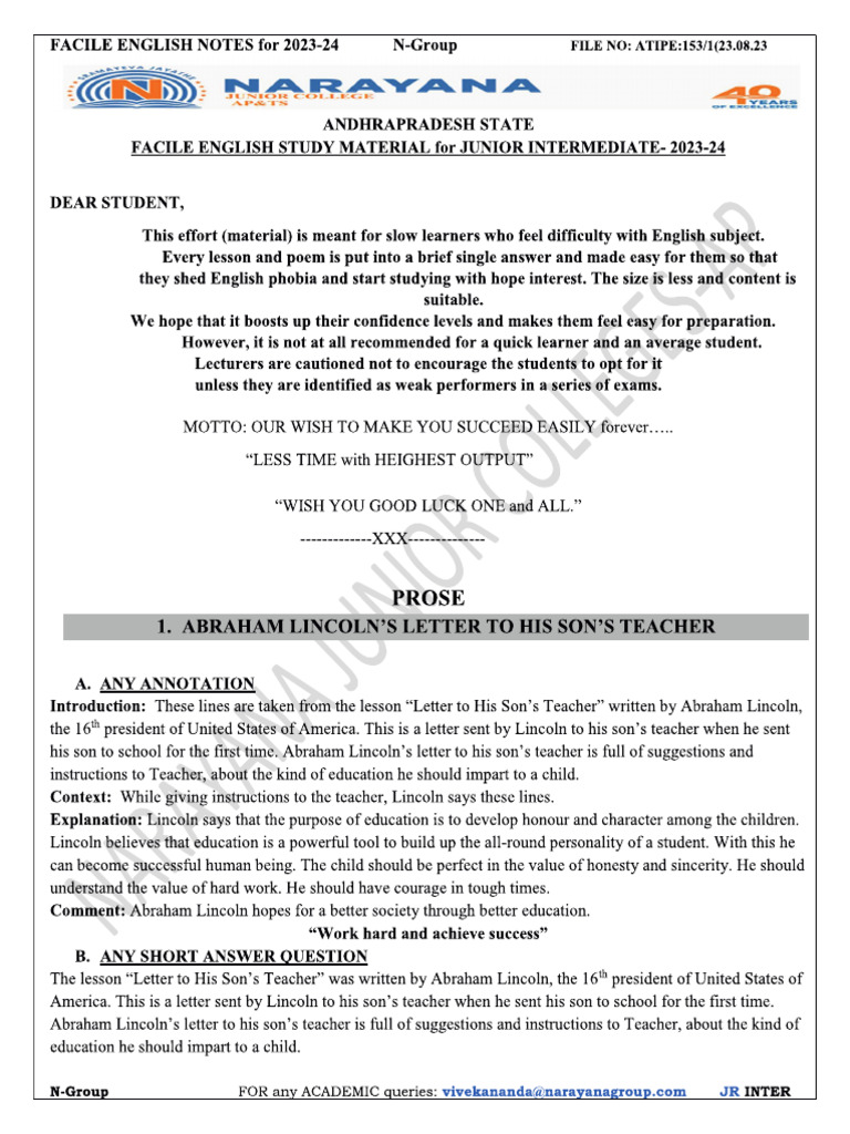 JR-EASY ENGLISH STUDY MATERIAL For AP 2023-24 | PDF