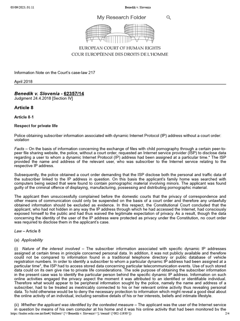 (Echr Judgment) Benedik v. Slovenia | PDF | Privacy | Internet