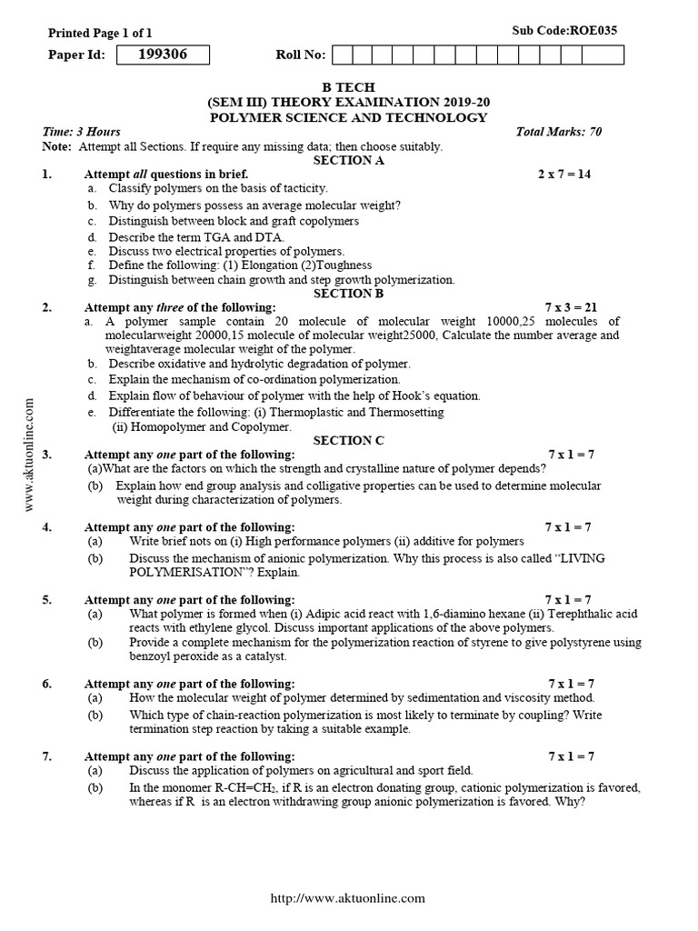 Btech 3 Sem Polymer Science and Technology Roe035 2020 | Download Free PDF | Polymers ...