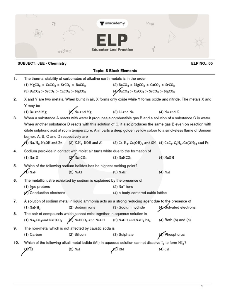 ELP 5 JEE Chemistry S Block Elements | PDF | Sodium | Sodium Hydroxide