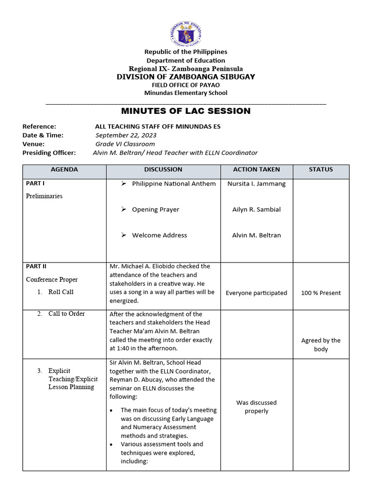 Ellna Lac Session Minutes | PDF | Teachers | Pedagogy