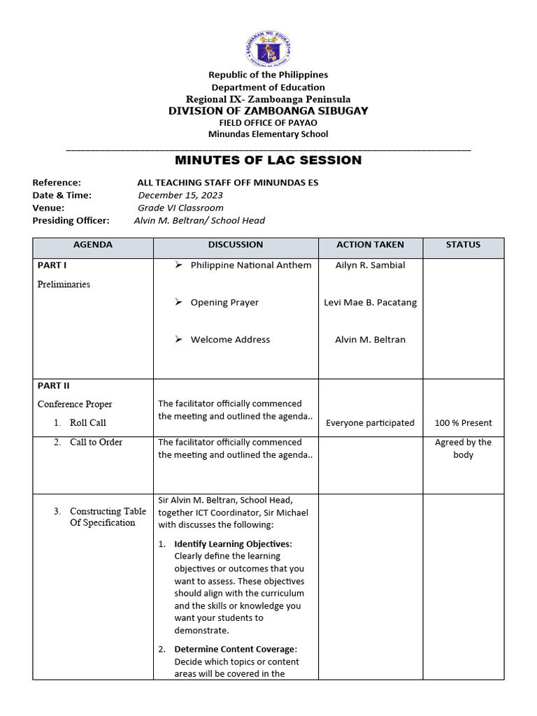 Tos Lac Session Minutes | PDF | Learning | Cognition