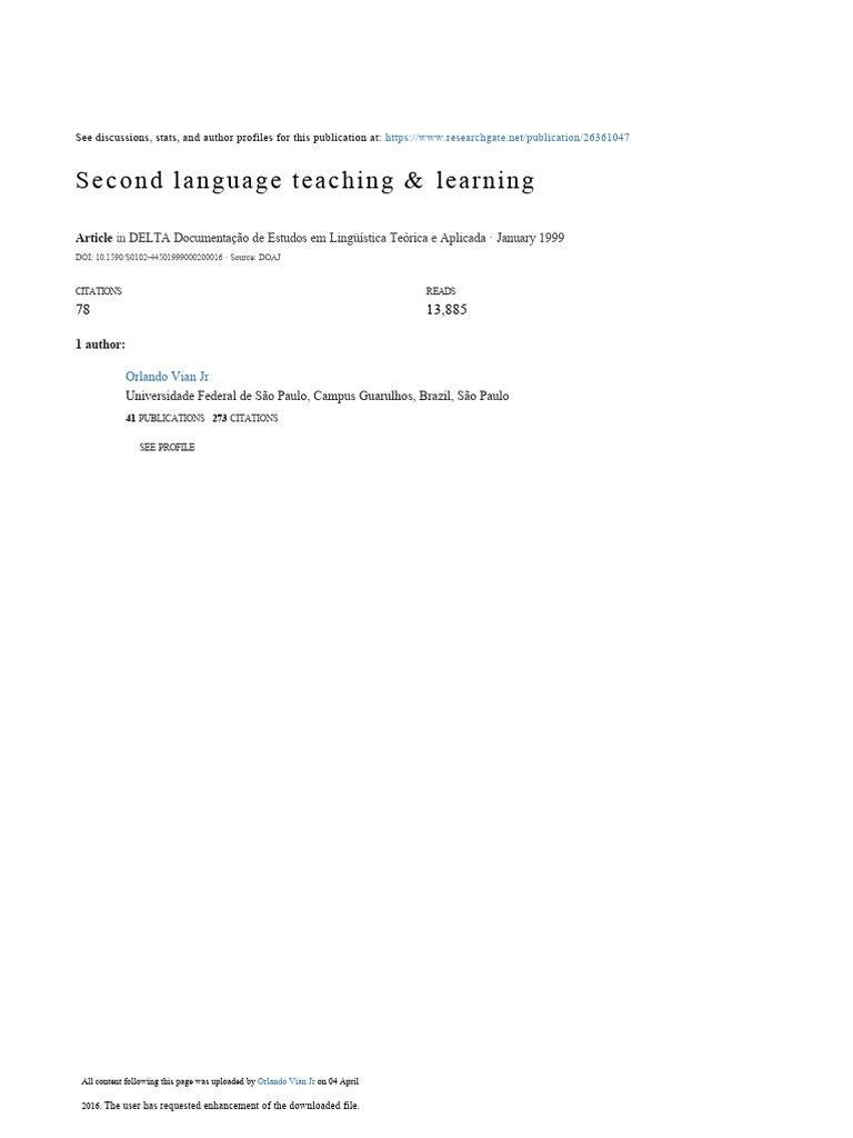 Second Language Teaching Learning | PDF | Neurociência | Conceitos psicológicos