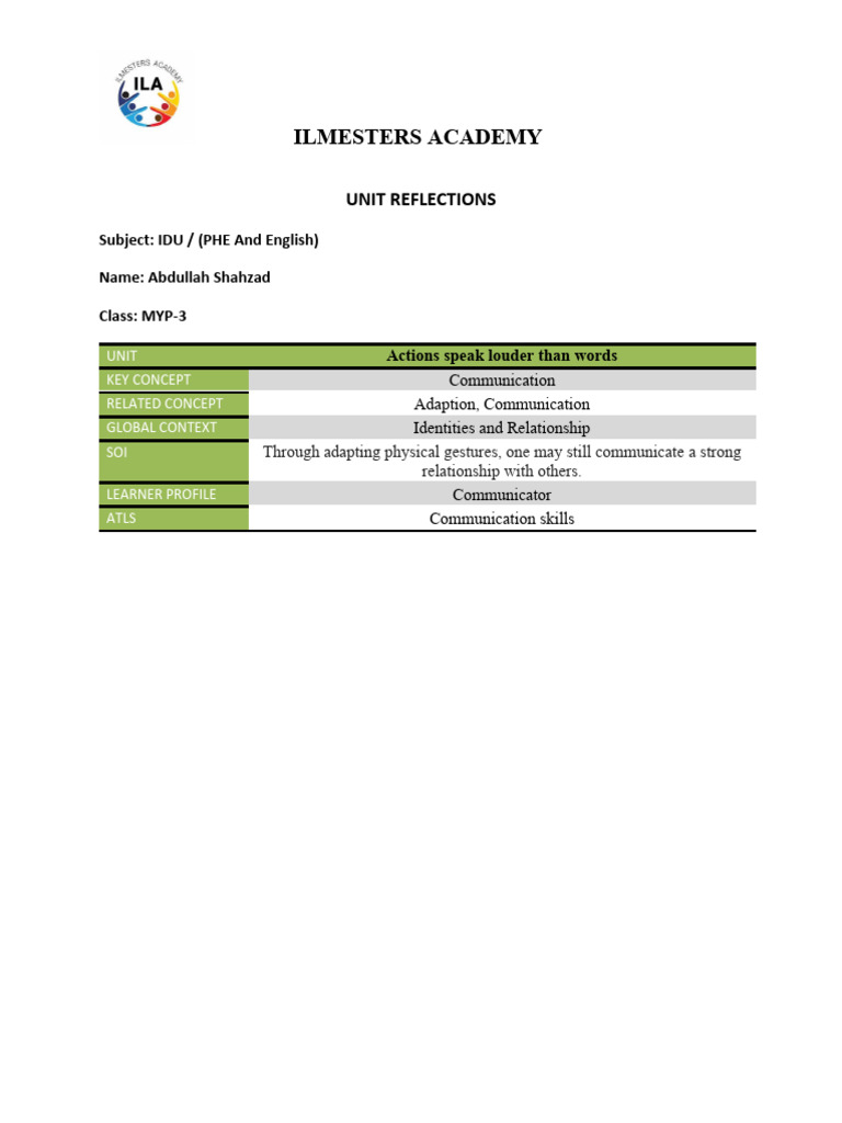 MYP-3 Communication Reflection | PDF | Gesture | Learning