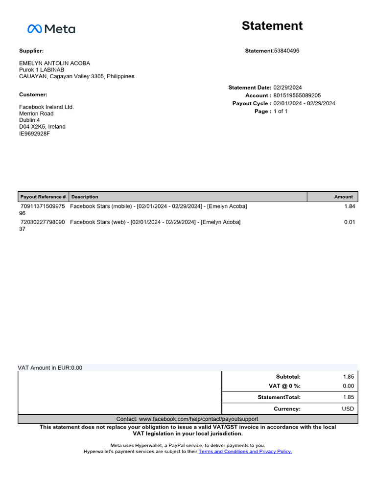 Facebook Payout Statement for Emelyn Acoba | PDF