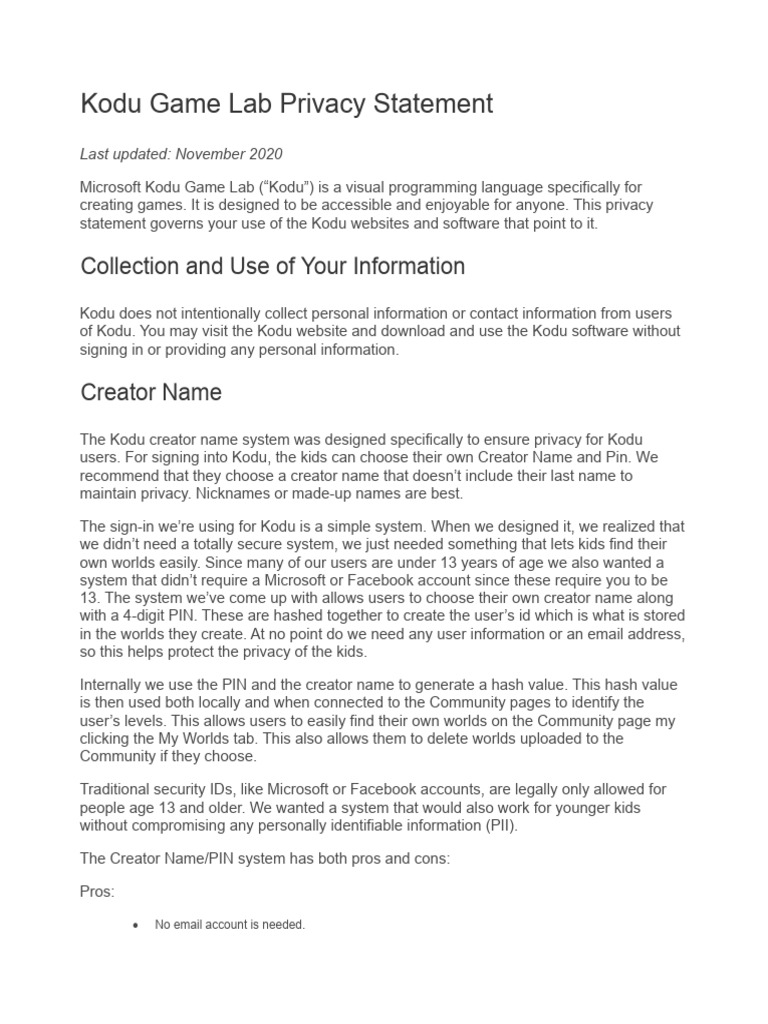 Kodu Game Lab Privacy Statement | PDF | Privacy | Websites