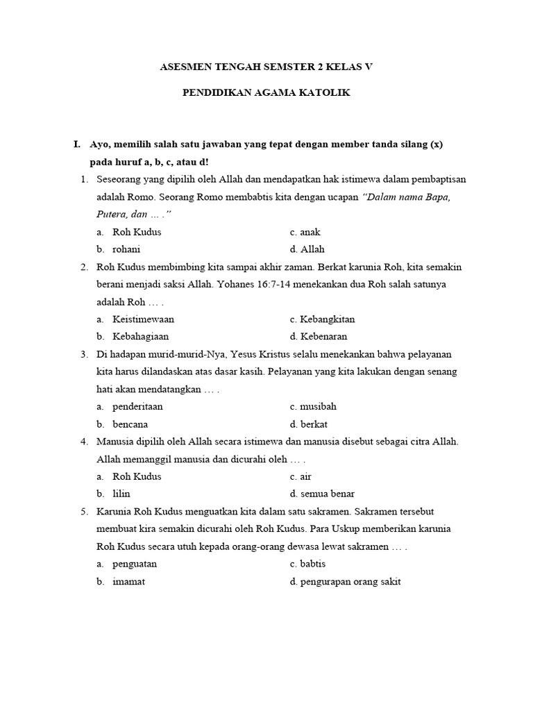 Soal AGAMA Katolik Kelas 5 Semester 2 | PDF