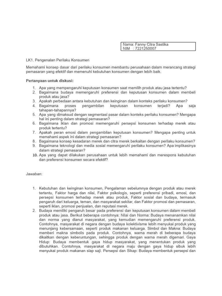 LK 1 Consumen Behavior Analysis-BDG PDF | PDF | Ilmu Sosial