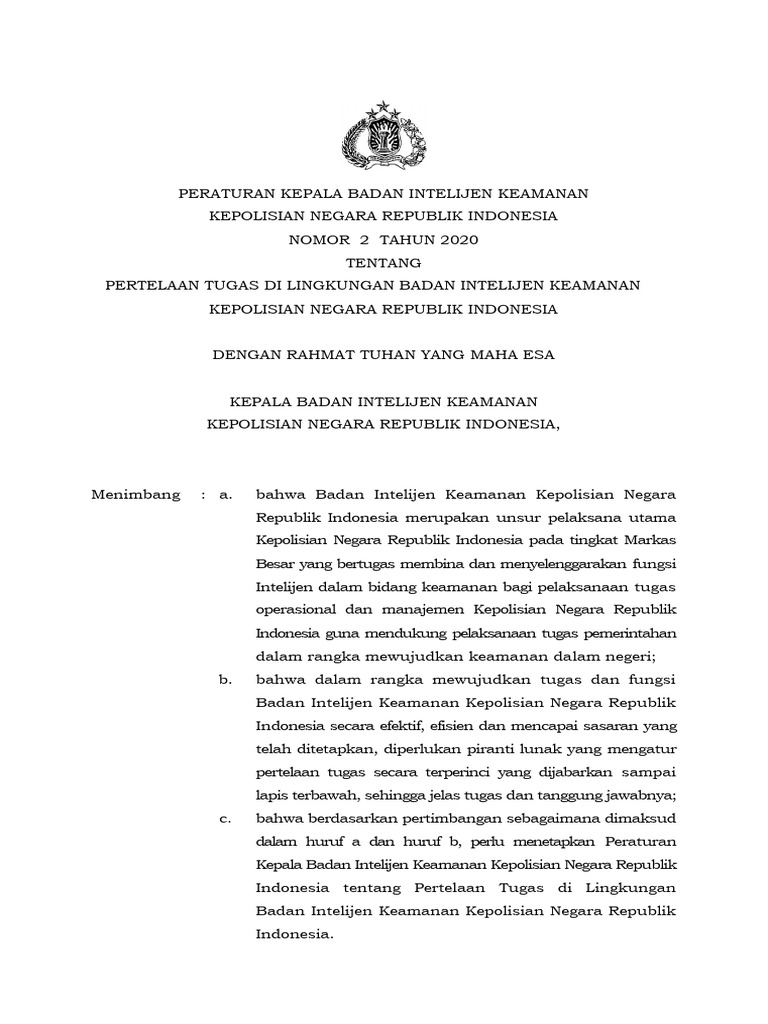 Perkabik Pertelaan Tugas Baintelkam Nomor 2 Tahun 2020 | PDF | Komputer
