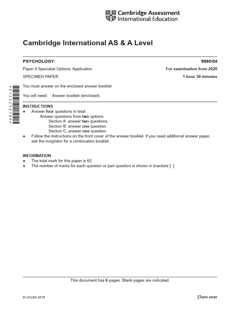 Cambridge International AS & A Level: Psychology 9990/04 | PDF ...