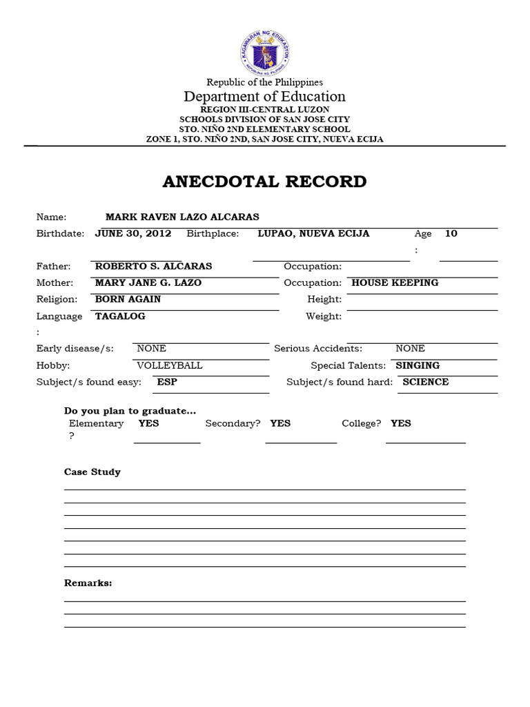 Anecdotal Record | PDF | Tagalog Language | Philippines