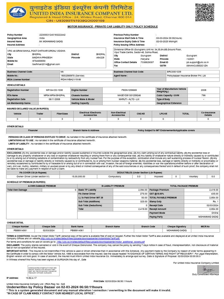 PolicyDocument 636468771 | PDF | Insurance | Cheque