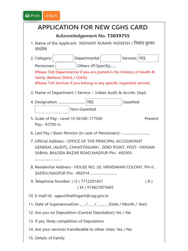 New CGHS Card Application Form | PDF | Identity Document