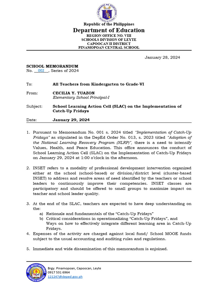 School Memorandum No. 002, S. 2024 Slac On Catch-Up Fridays | PDF