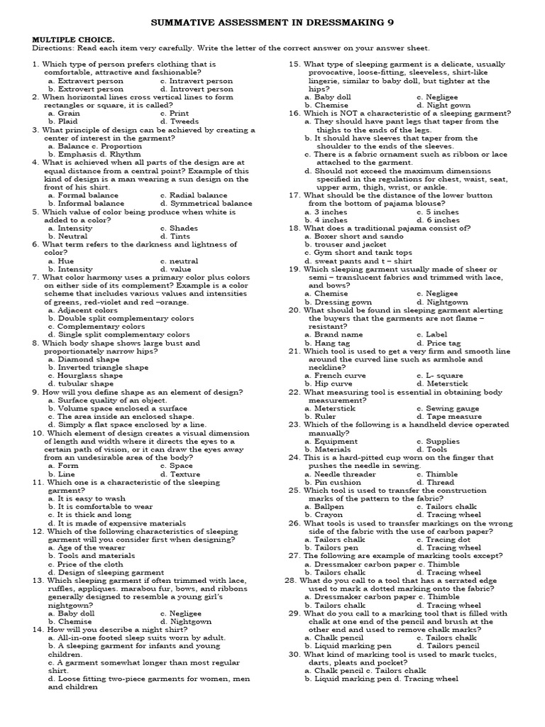 Dressmaking Assessment: Multiple Choice Quiz | PDF | Clothing ...