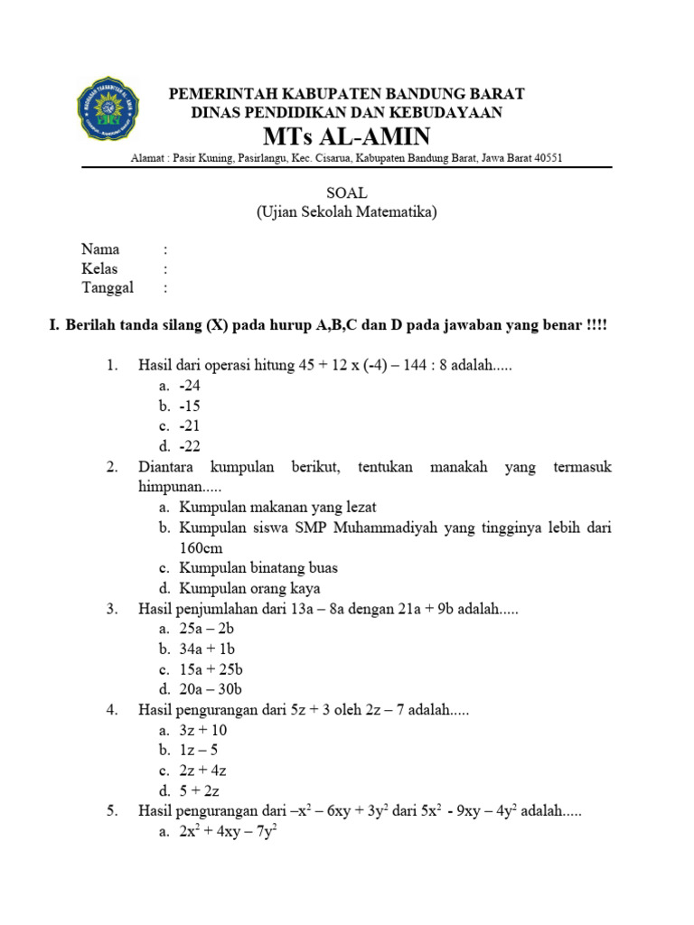 Soal Ujian Matematika MTs | PDF | Metode & Bahan Ajar