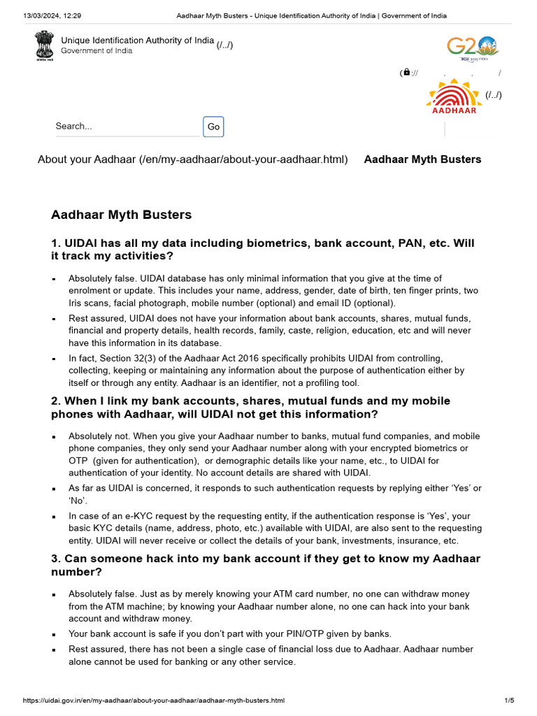 Aadhaar Myths Debunked: UIDAI Facts | PDF | Identity Document | Authentication