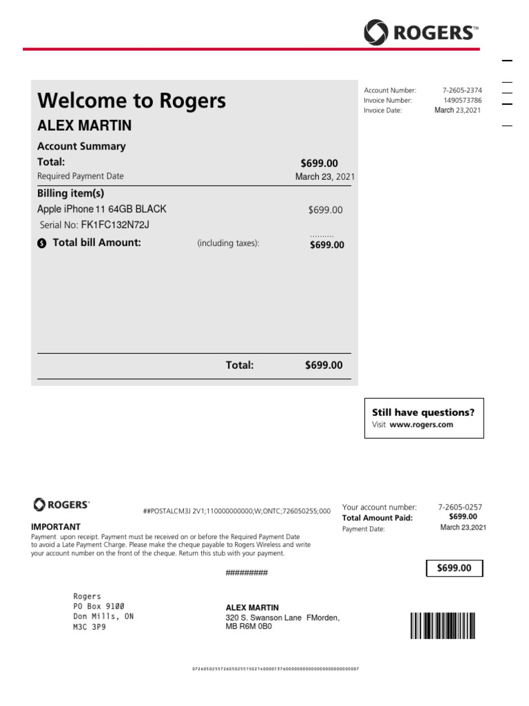 Rogers Wireless Bill Summary and Payment Details | PDF | Credit Card ...