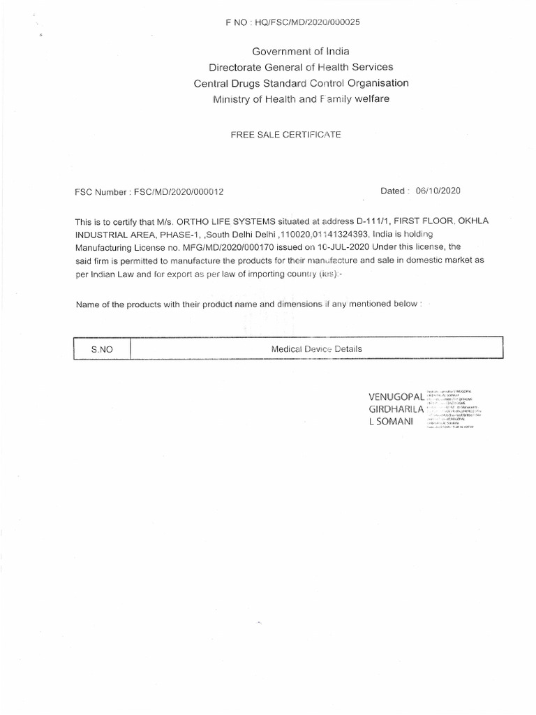 Free Sale Certificate | PDF