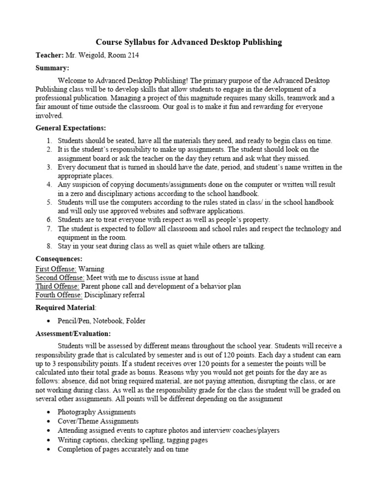 Course Syllabus for Adv Desktop Publishing | PDF | Teachers