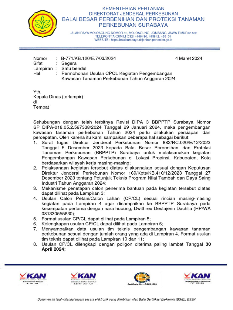 B-771 Permohonan Usulan CPCL - Sulbar | PDF