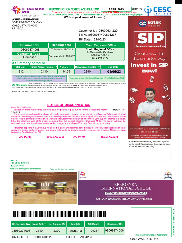 CESC Disconnection Notice and Bill Summary | PDF | Money | Payments