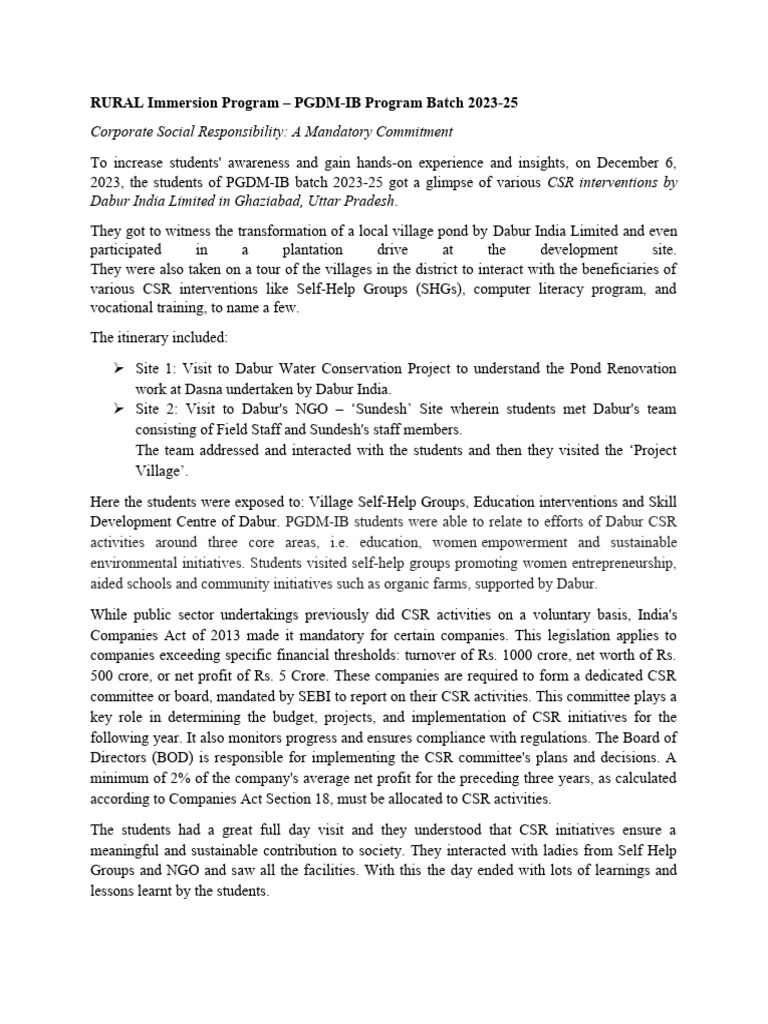 RURAL Immersion Program - Writeup For Vritant | PDF | Corporate Social ...
